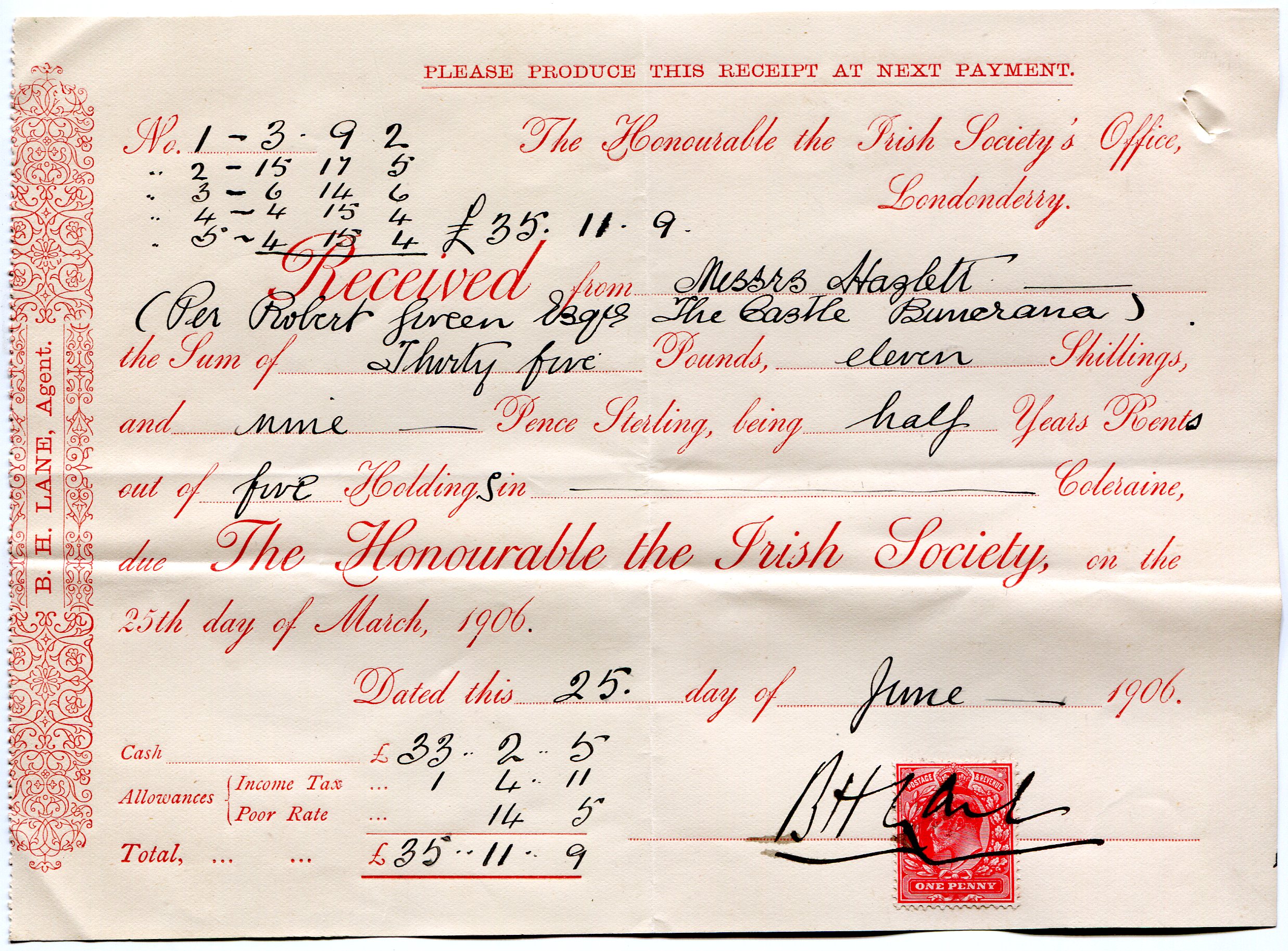 Handwritten Receipt Nos 1 5 For The Sum Of 35 11 9 Paid By Messrs 